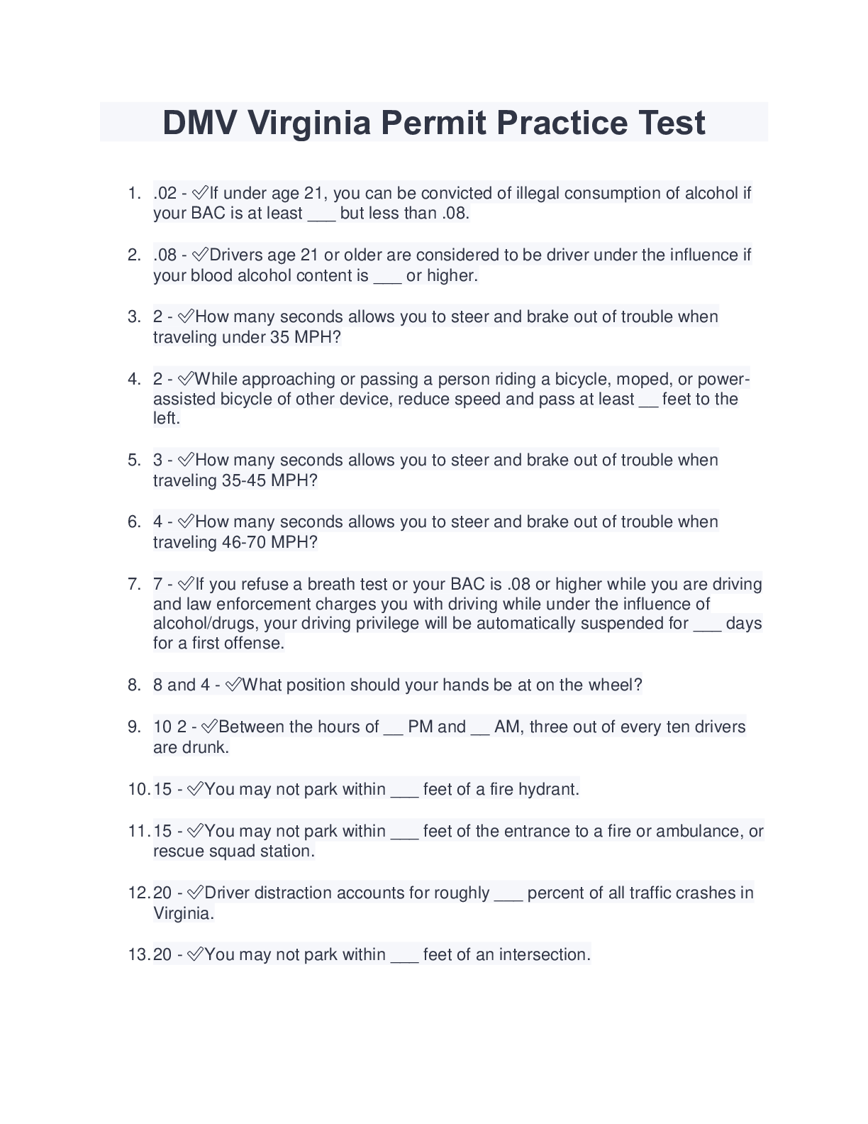 DMV Virginia Permit Practice Test 2022/2023 Verified Answers ...