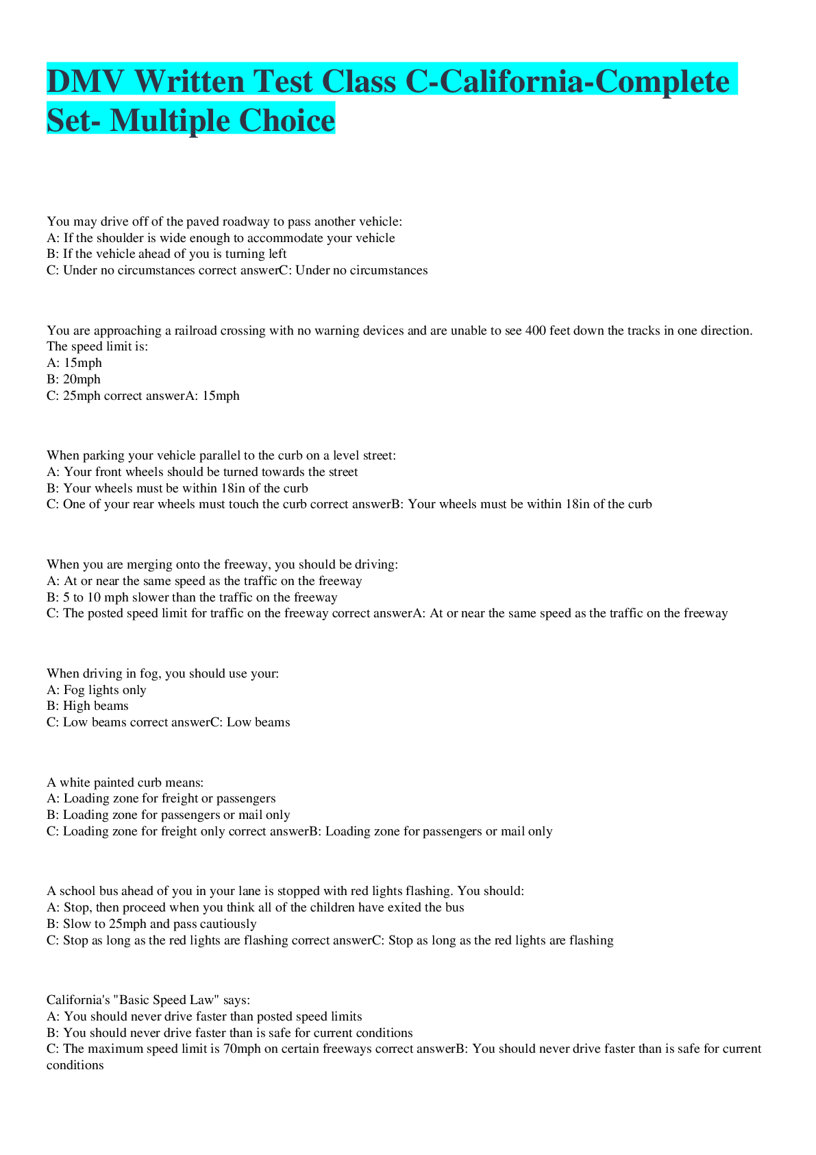 DMV Written Test Class C-California-Complete Set- Multiple Choice ...