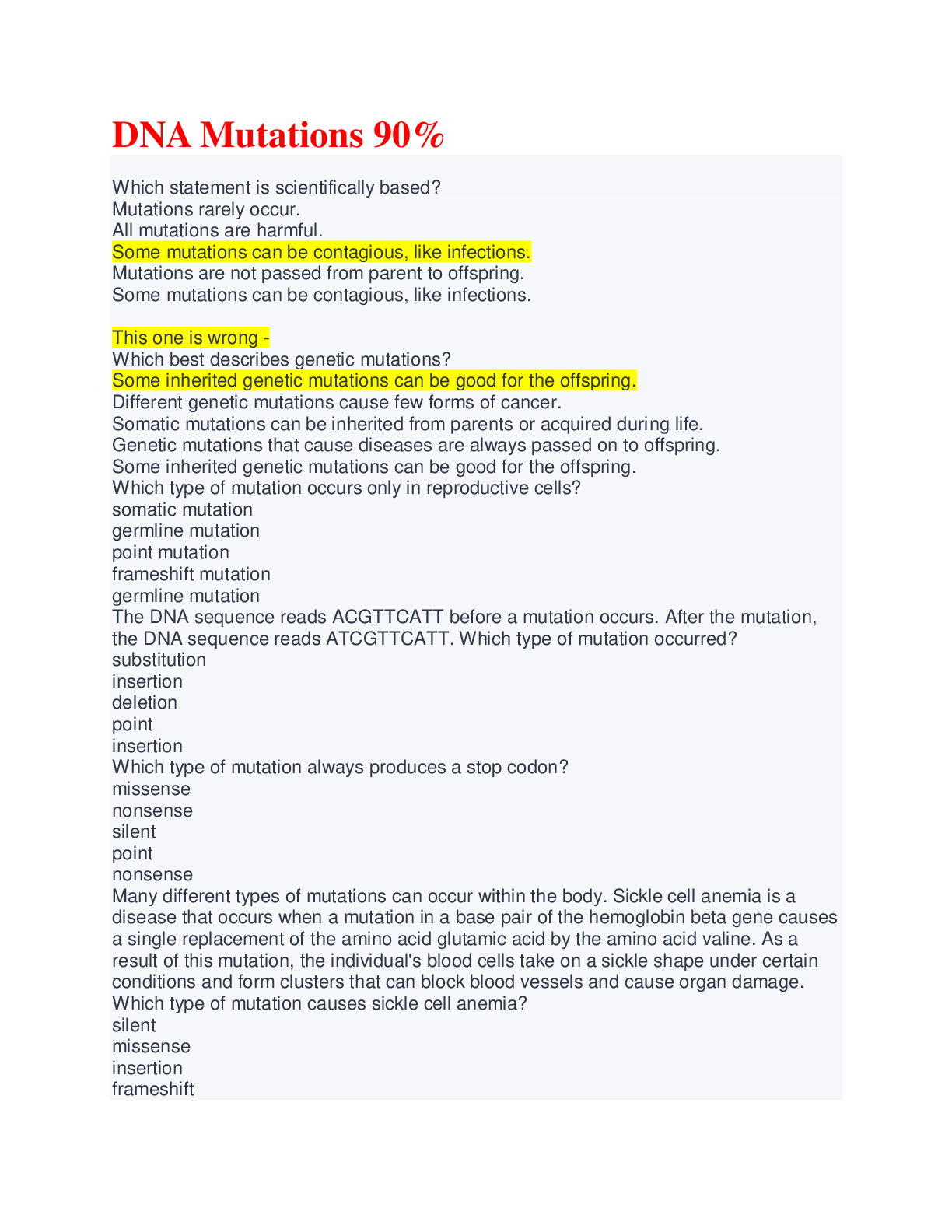 DNA Mutations 90% Exams – Scholarfriends - Scholarfriends