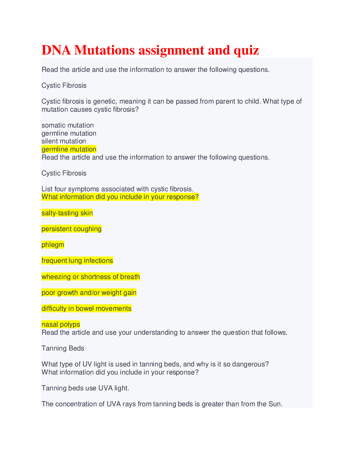 DNA Mutations assignment and quiz with Multiple Choices - Scholarfriends