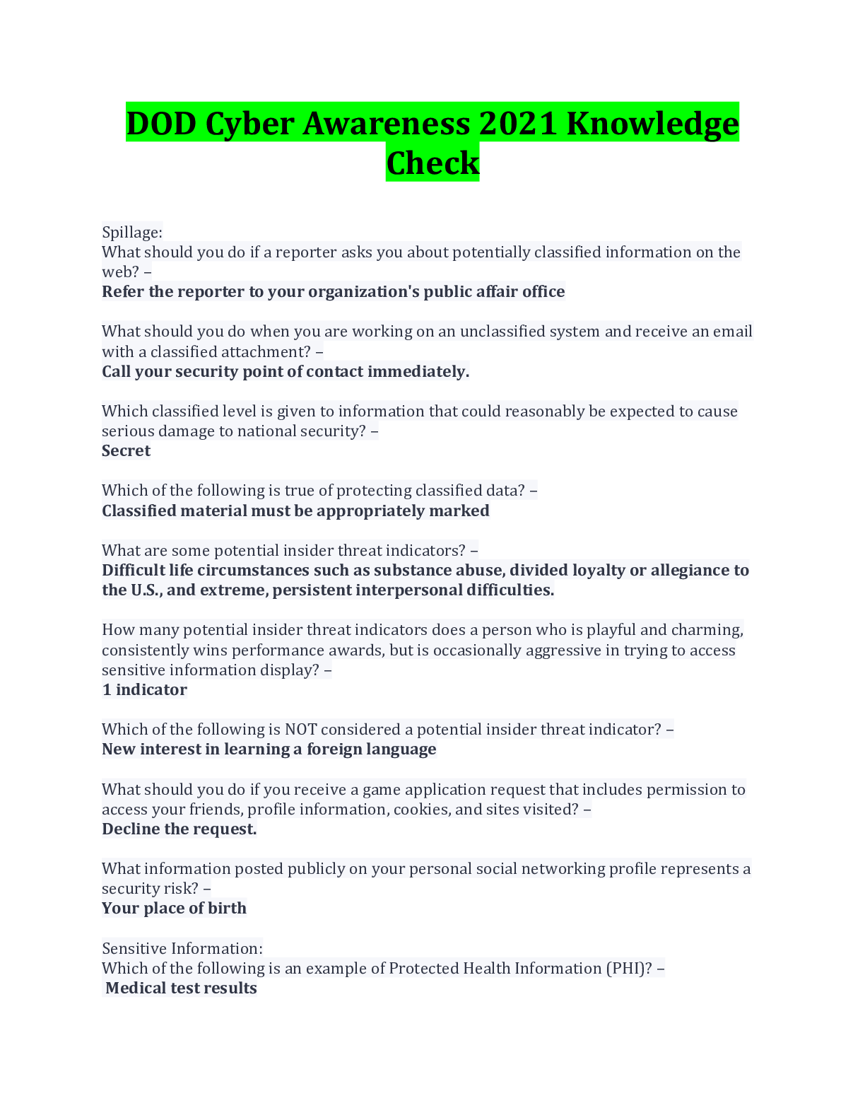 DOD Cyber Awareness 2021 Knowledge Check Questions And Answers 2022/ ...