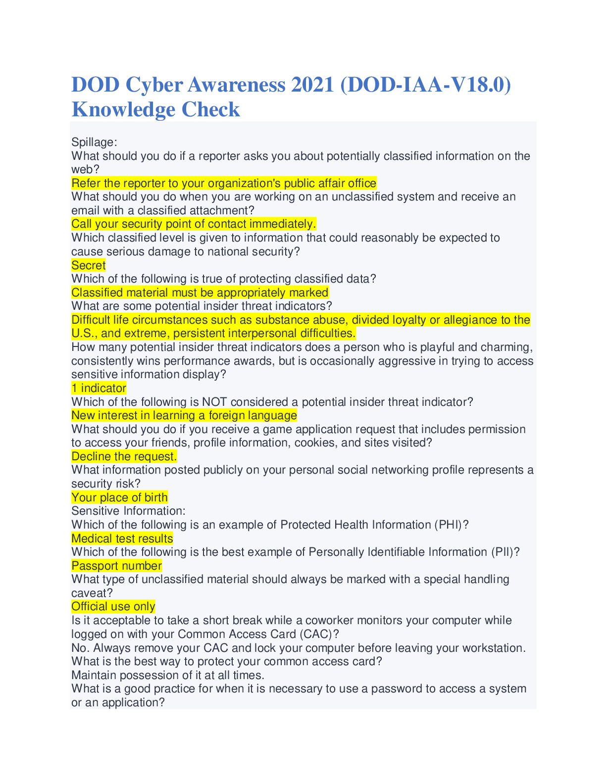 DOD Cyber Awareness (DOD-IAA-V18.0) Knowledge Check 2021 Exams ...