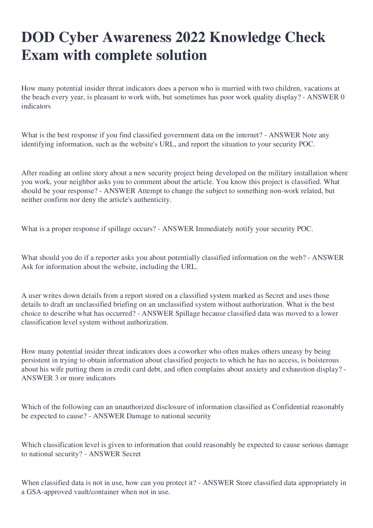 DOD Cyber Awareness 2022 Knowledge Check Exam with complete solution ...