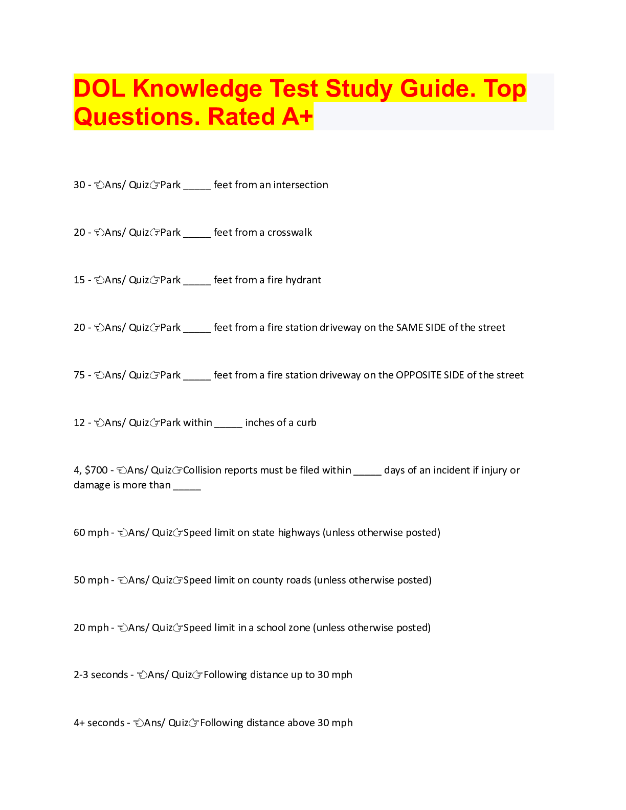 DOL Knowledge Test Study Guide. Top Questions. Rated A+ - Scholarfriends
