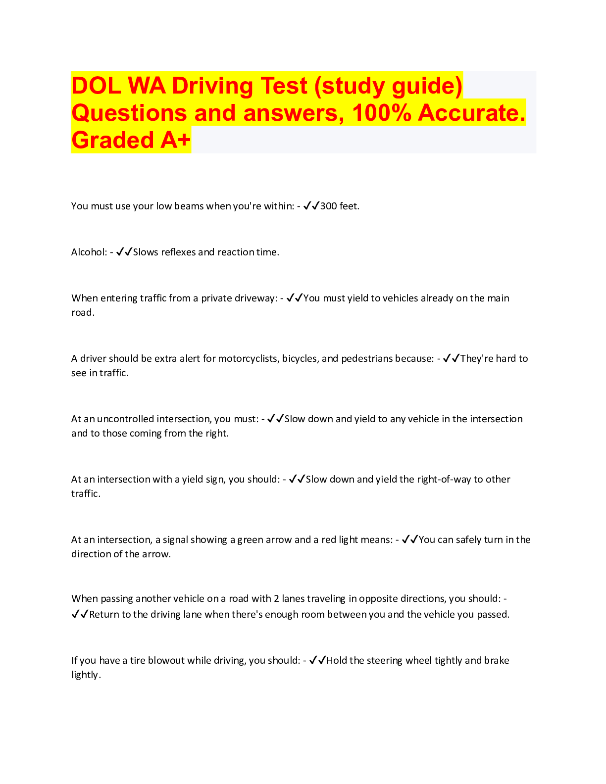DOL WA Driving Test (study guide) Questions and answers, 100% Accurate ...