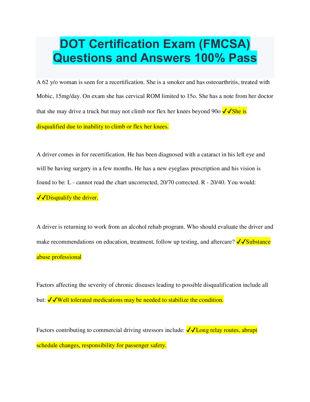 DOT Certification Exam (FMCSA) Questions and Answers 100% Pass ...