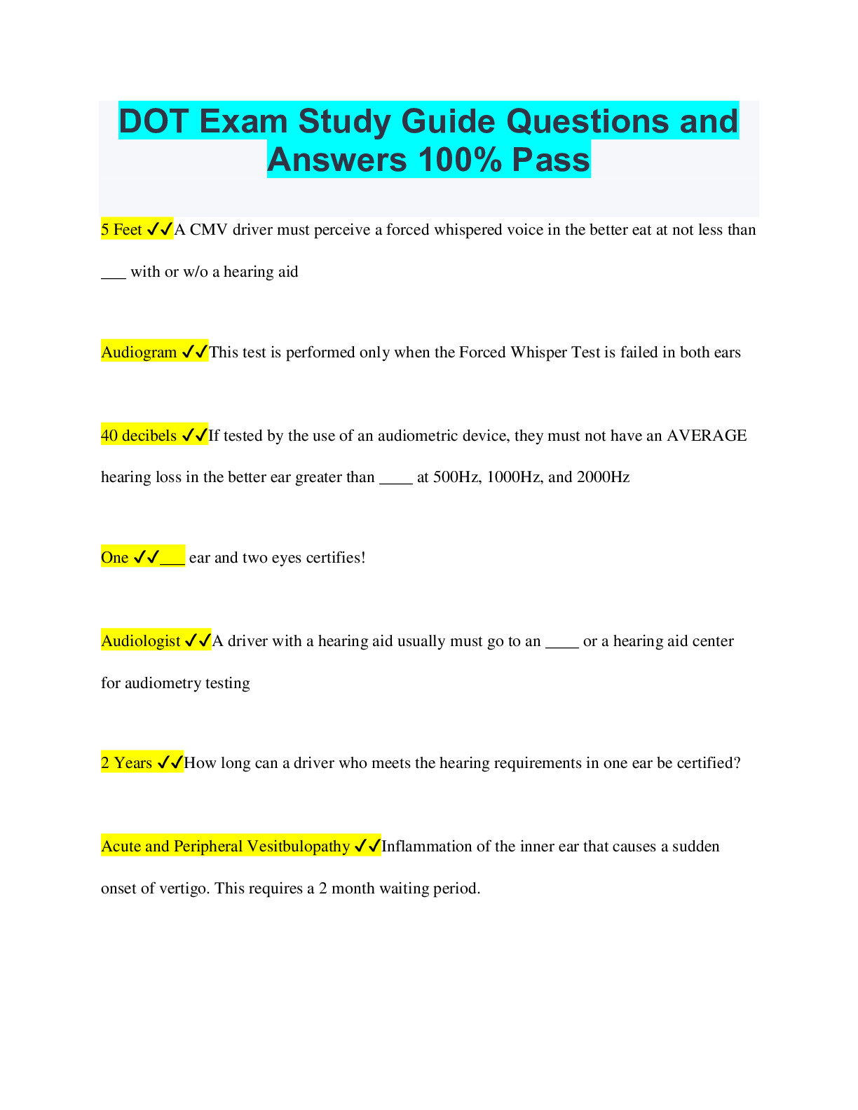 DOT Exam Study Guide Questions and Answers 100% Pass - Scholarfriends