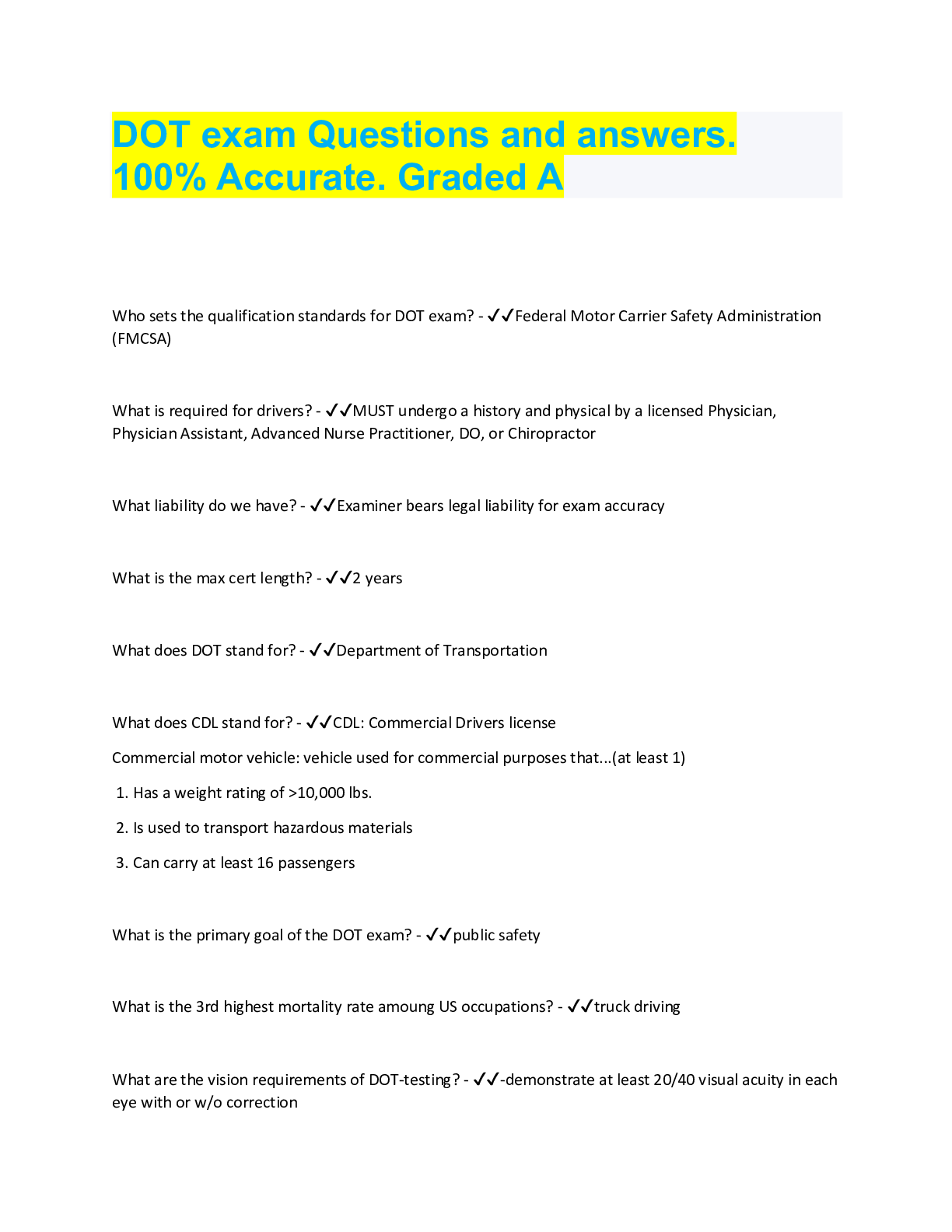 DOT exam Questions and answers. 100% Accurate. Graded A - Scholarfriends