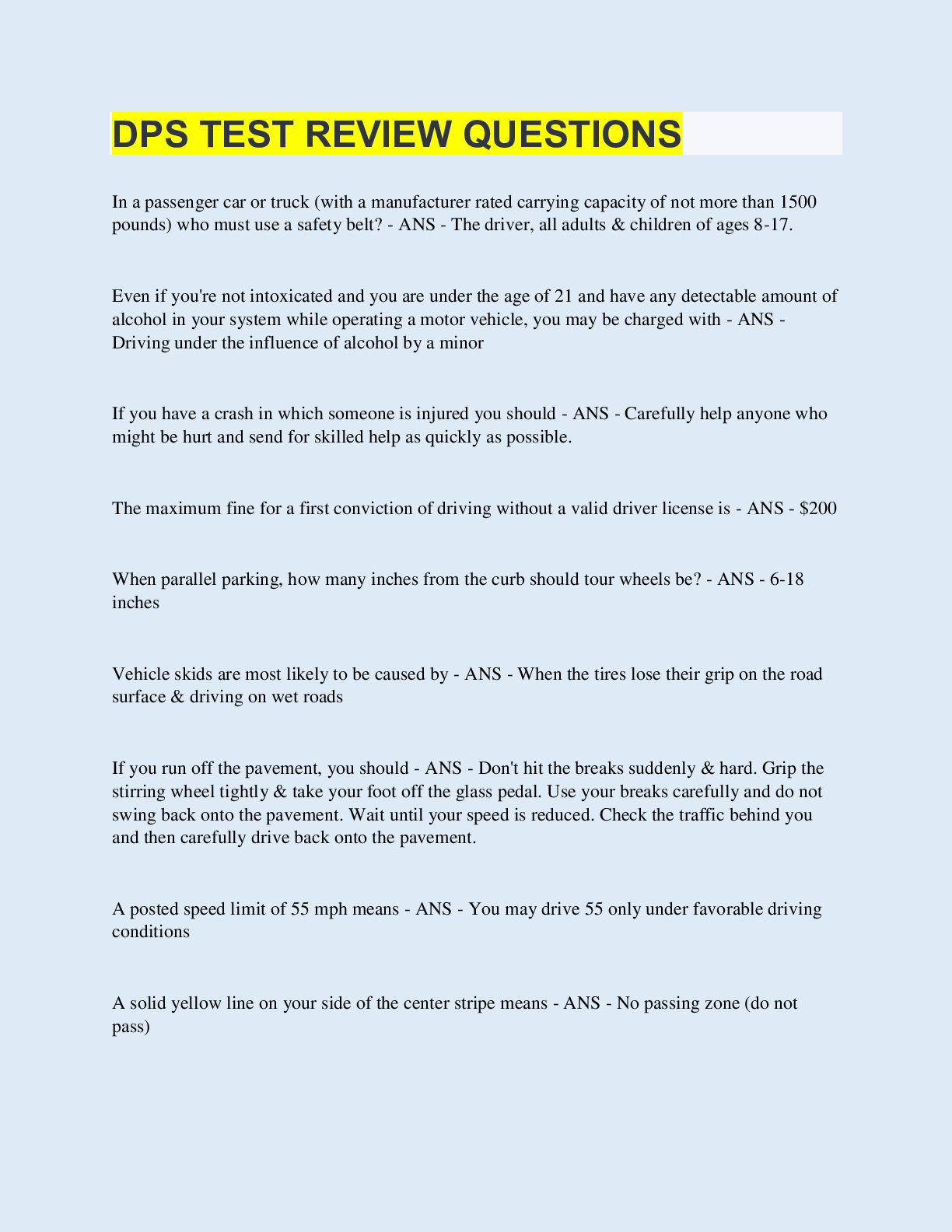 DPS TEST REVIEW QUESTIONS - Scholarfriends