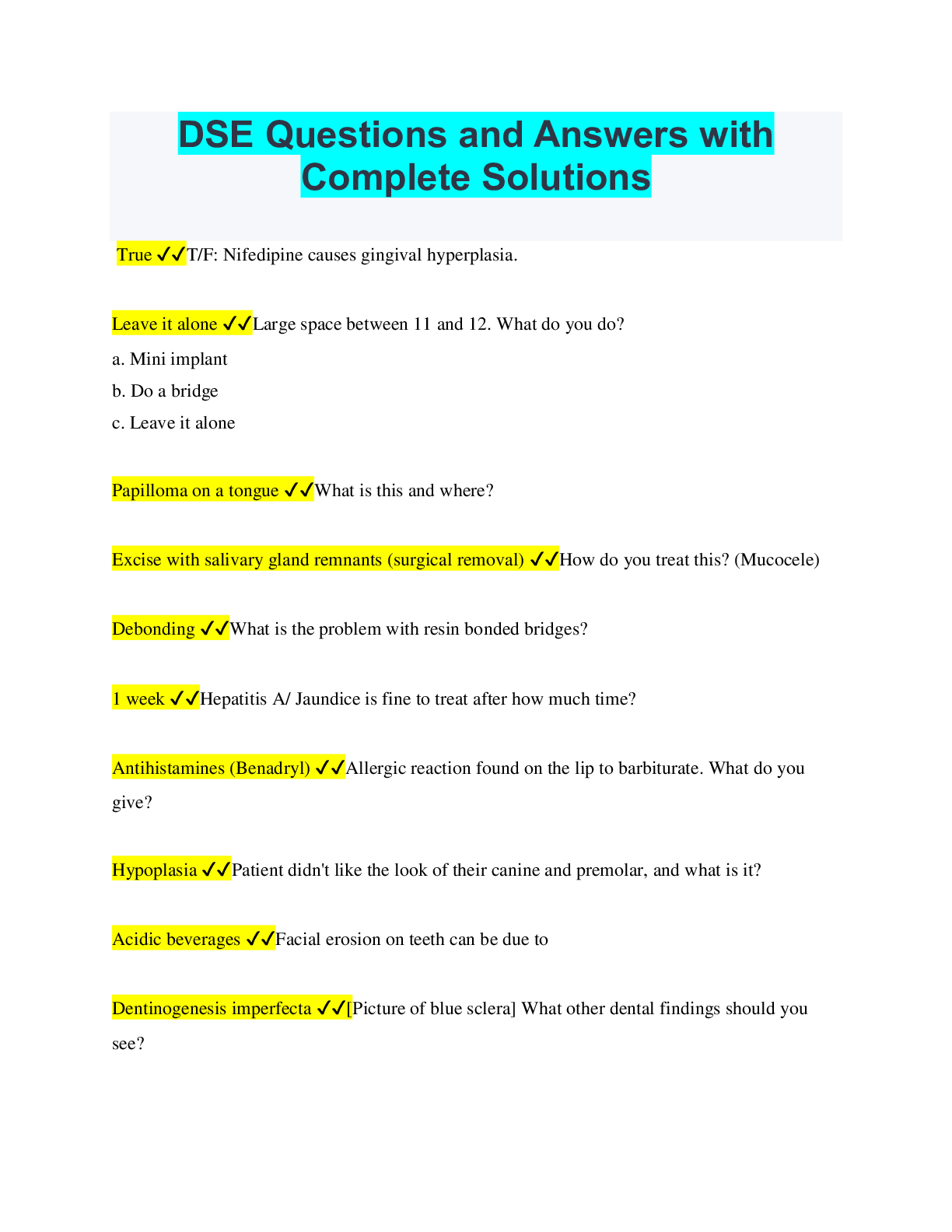 DSE Questions and Answers with Complete Solutions - Scholarfriends