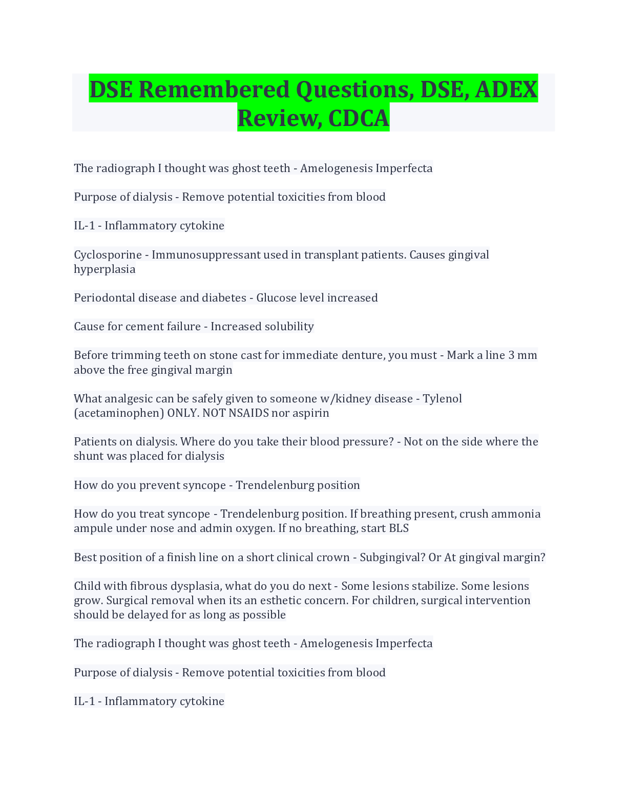 DSE Remembered Questions, DSE, ADEX Review, CDCA TEST BANK - Scholarfriends