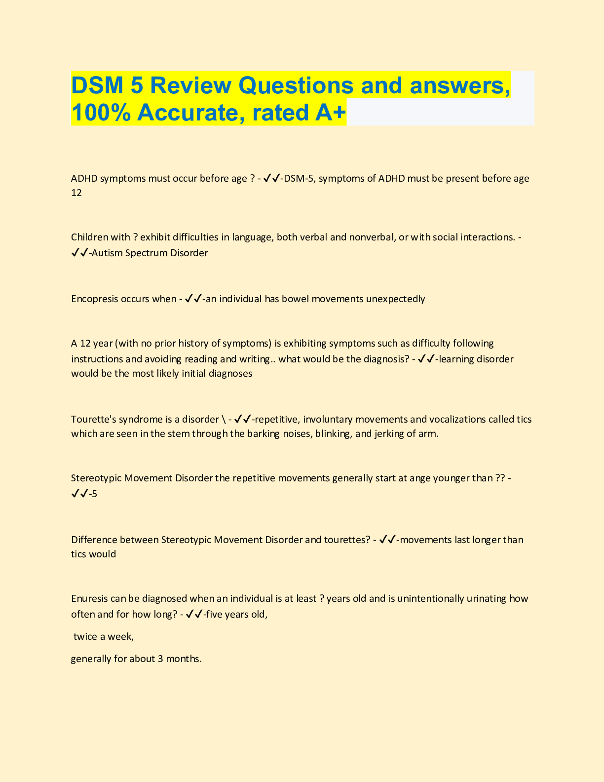 DSM 5 Review Questions and answers, 100% Accurate, rated A+ ...