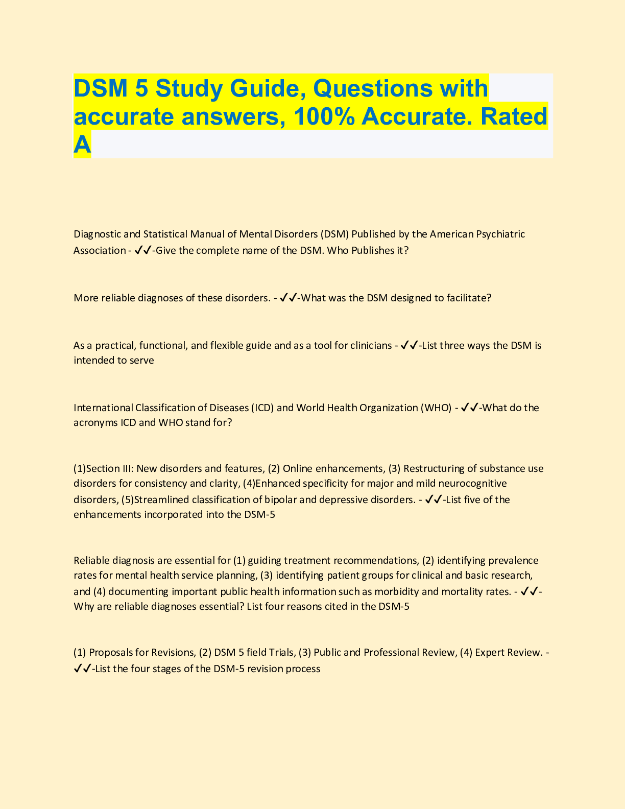 DSM 5 Study Guide, Questions with accurate answers, 100% Accurate ...