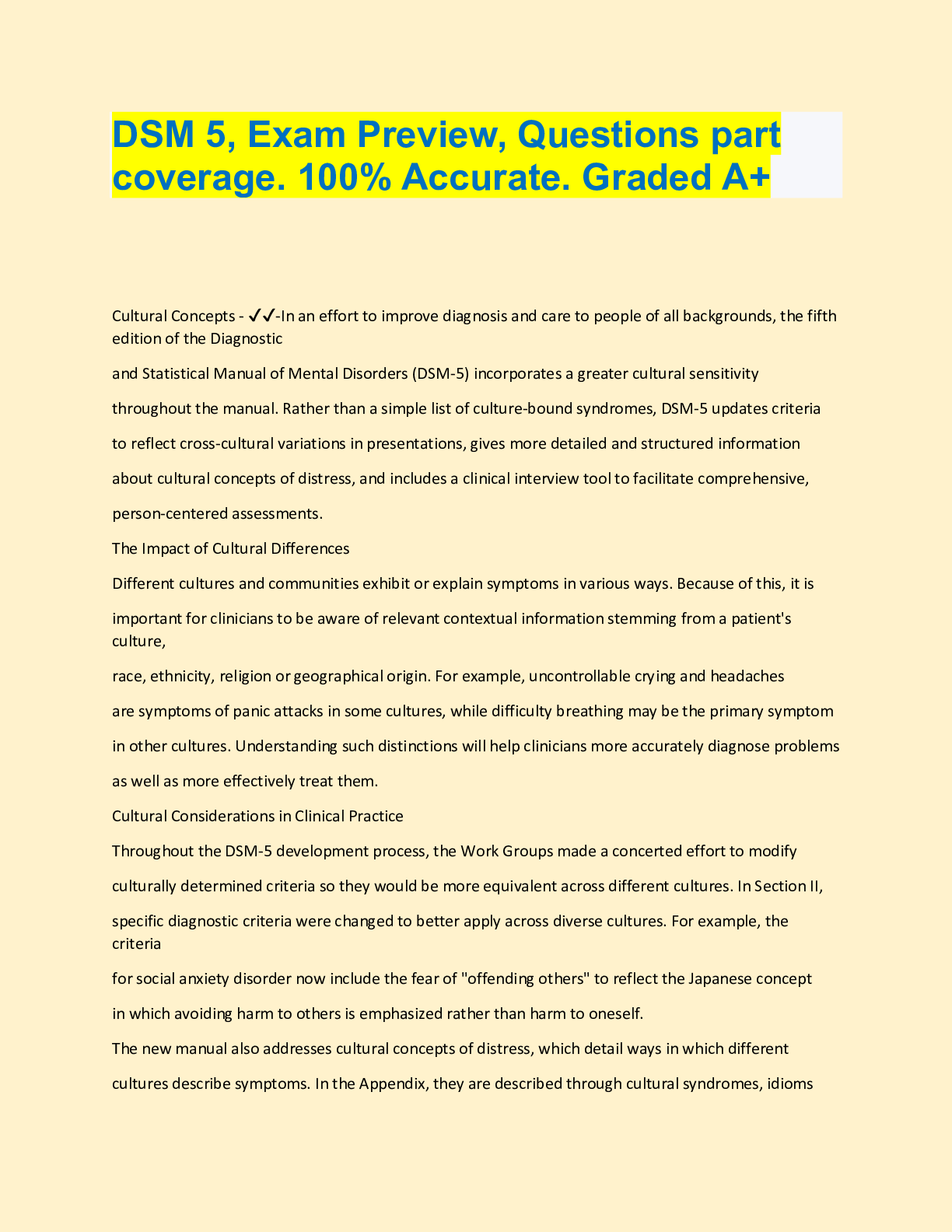 DSM 5, Exam Preview, Questions part coverage. 100% Accurate. Graded A+ ...