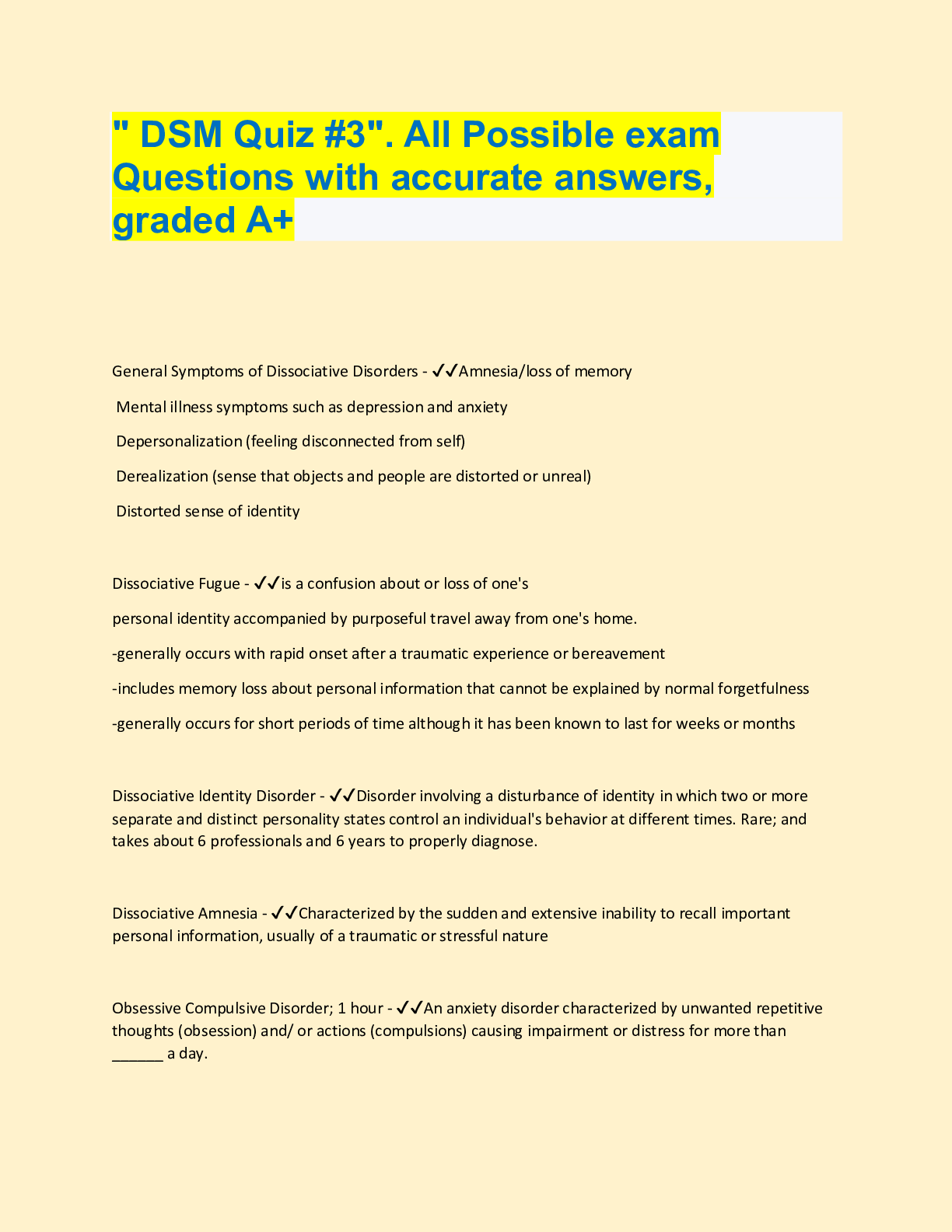 " DSM Quiz #3". All Possible exam Questions with accurate answers ...