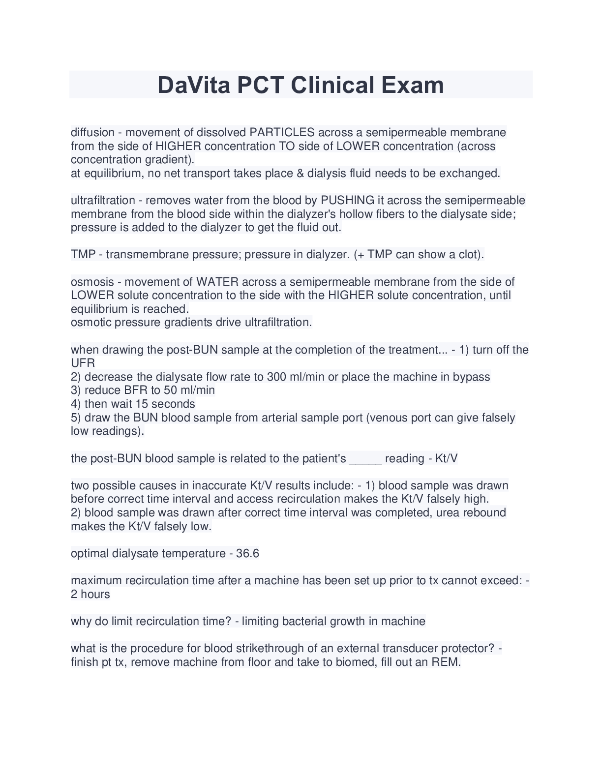 DaVita PCT Clinical Exam (Download to Score A+) - Scholarfriends