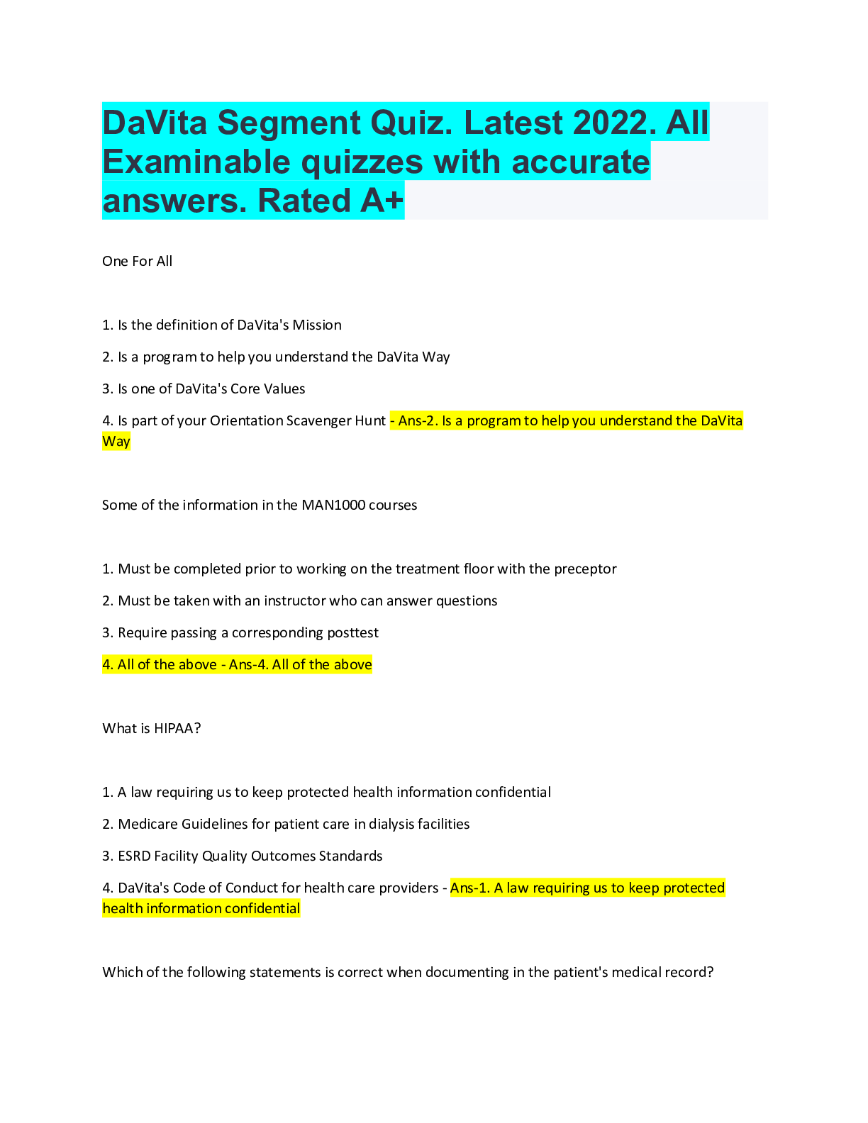 DaVita Segment Quiz. Latest 2022 All Examinable quizzes with accurate ...