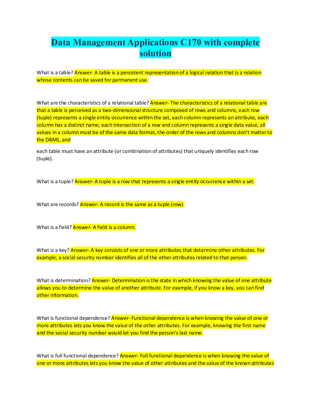 Data Management Applications C170 with complete solution - Scholarfriends