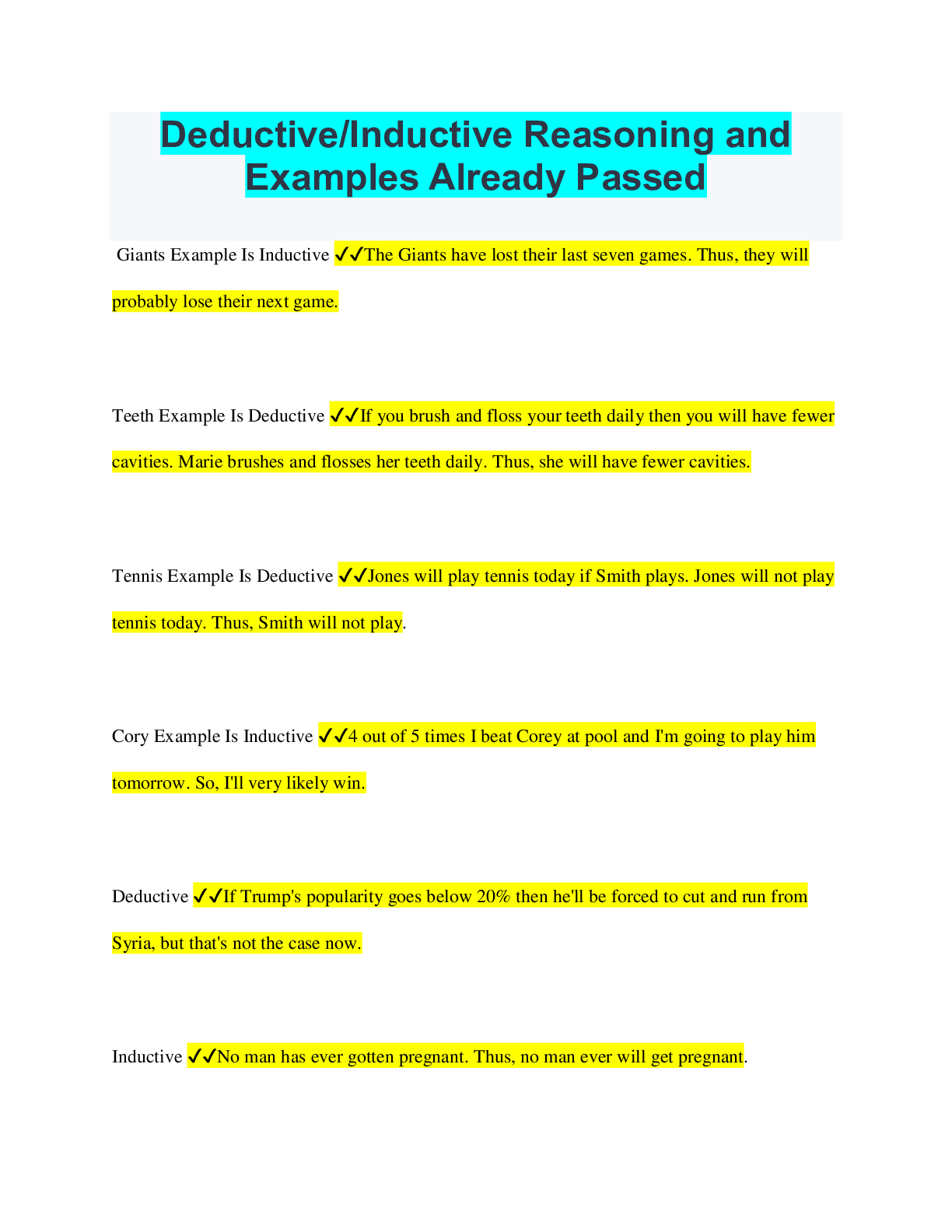 Deductive/Inductive Reasoning and Examples Already Passed - Scholarfriends