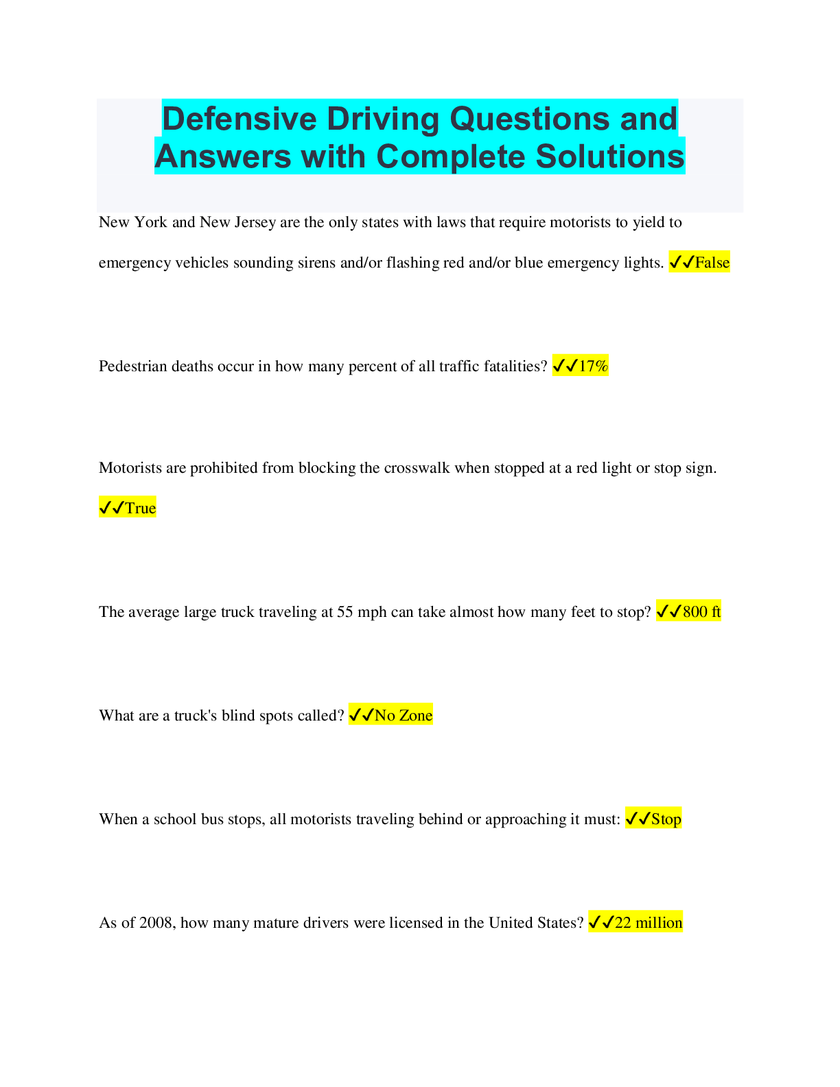 Defensive Driving Questions and Answers with Complete Solutions ...