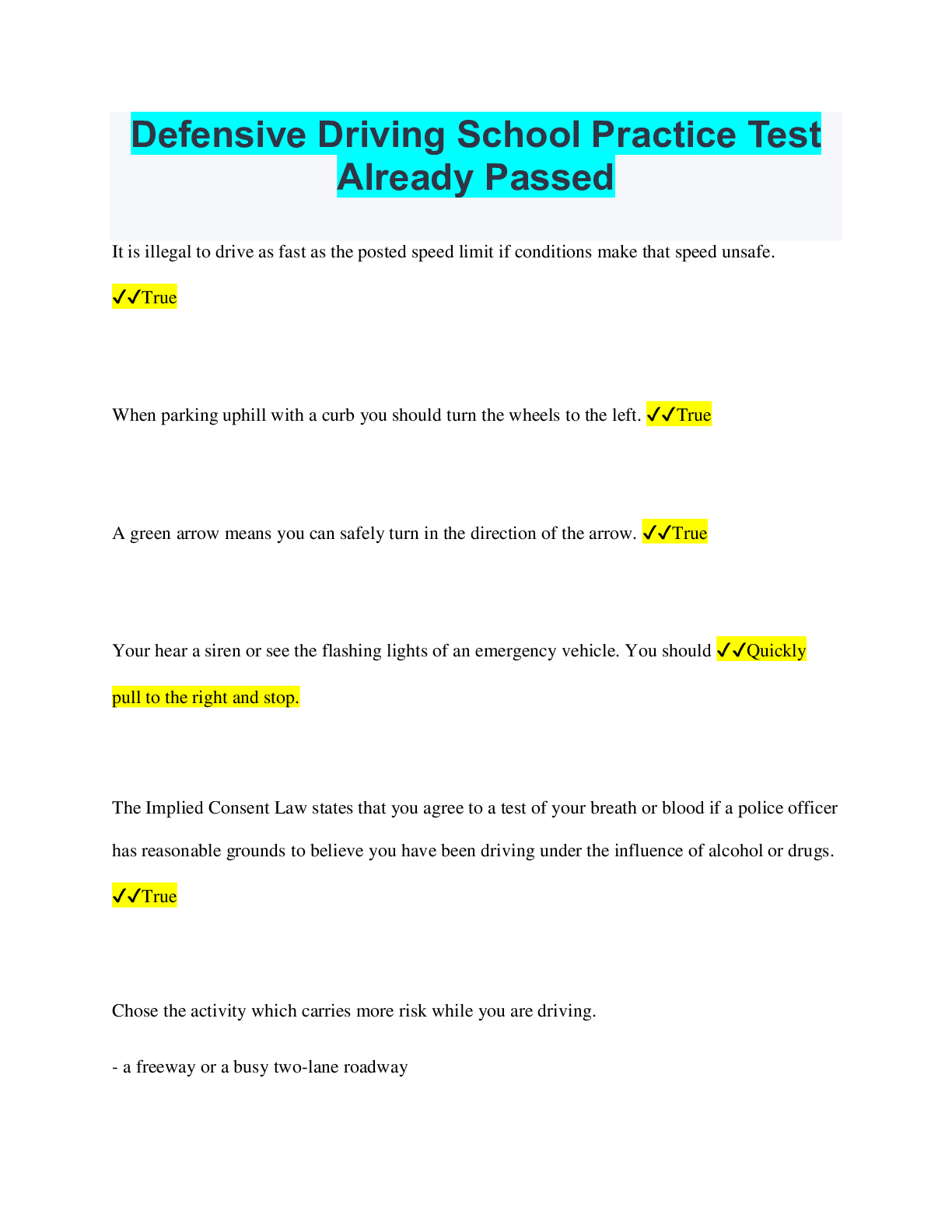 Defensive Driving School Practice Test Already Passed - Scholarfriends