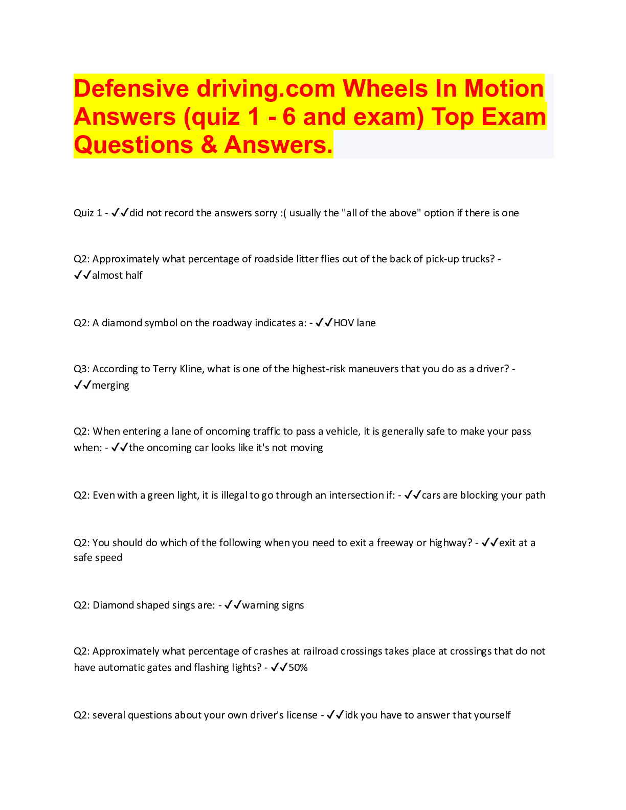 Defensive driving.com Wheels In Motion Answers (quiz 1 - 6 and exam ...