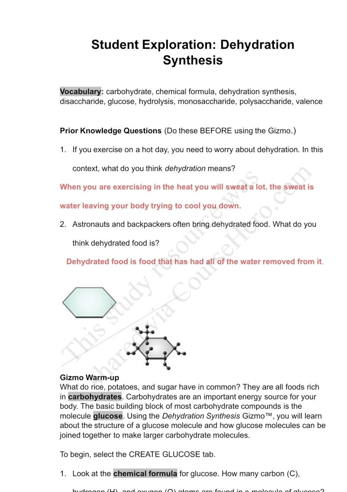 Student Exploration: Dehydration Synthesi - Scholarfriends