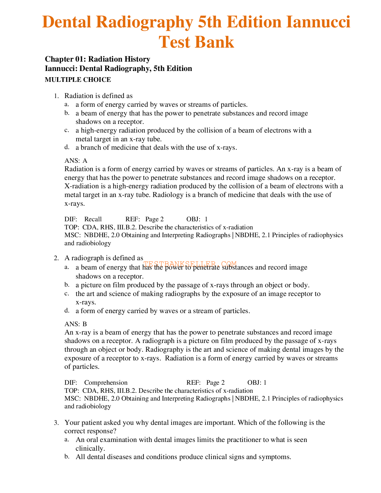 Test Bank Dental Radiography 5th Edition Iannucci Chapter 1 - 35 ...