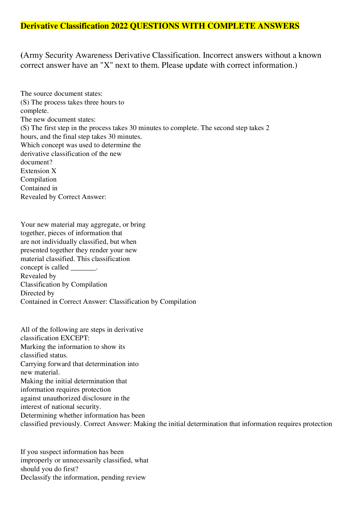 Derivative Classification 2022 QUESTIONS WITH COMPLETE ANSWERS ...