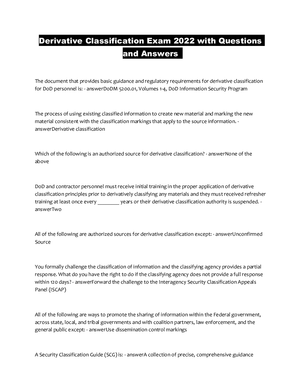 Derivative Classification Exam 2022 with Questions and Answers ...
