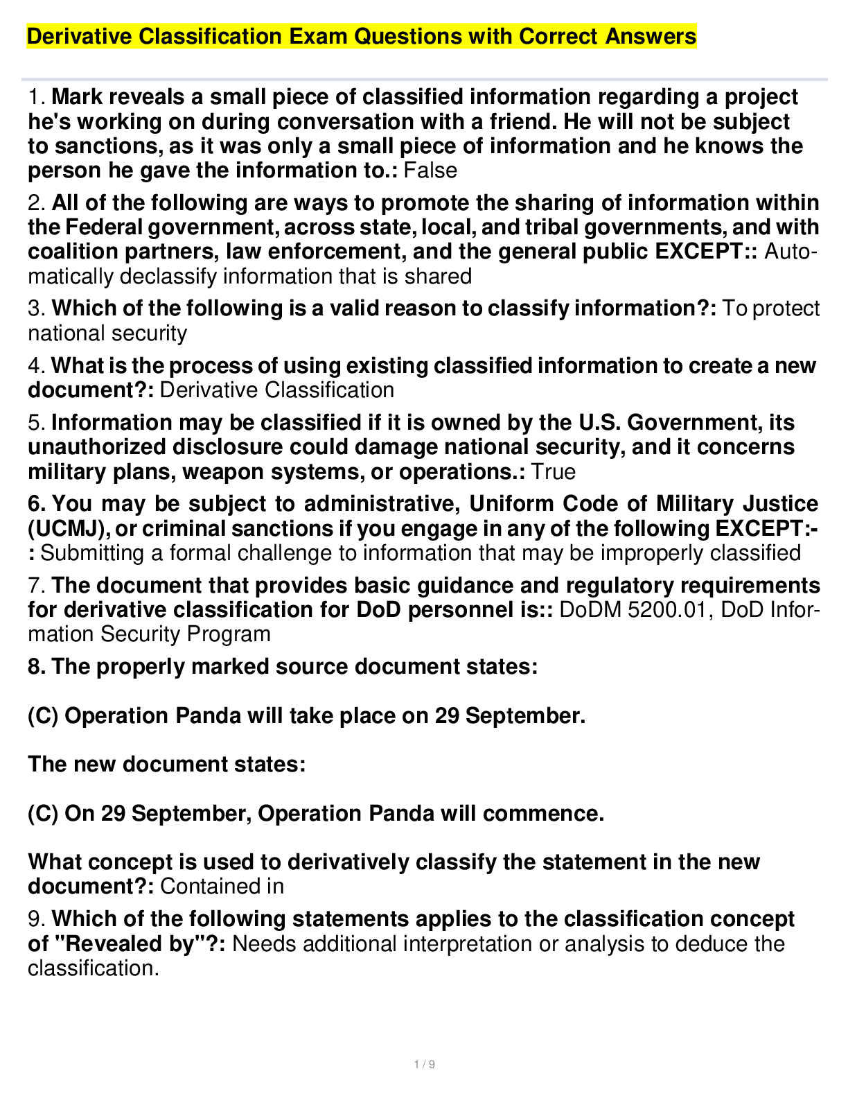 Derivative Classification Exam Questions with Correct Answers ...