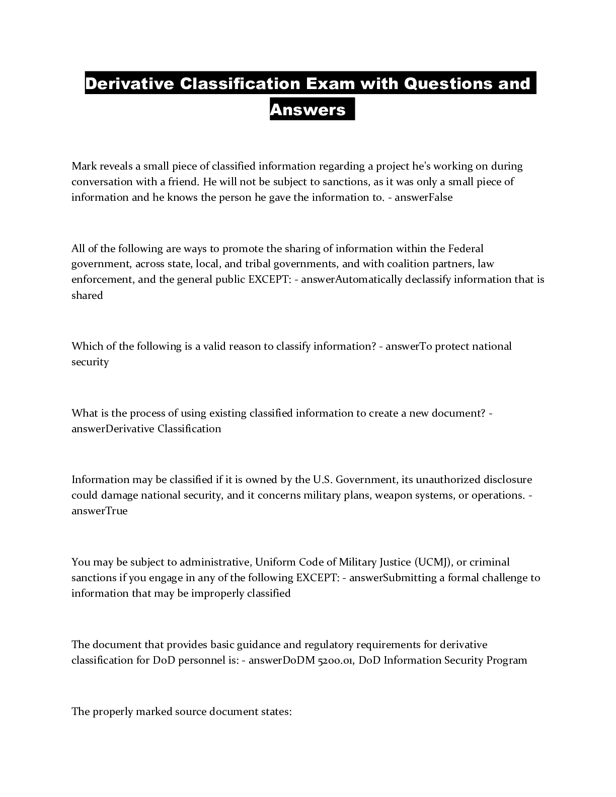 Derivative Classification Exam with Questions and Answers - Scholarfriends