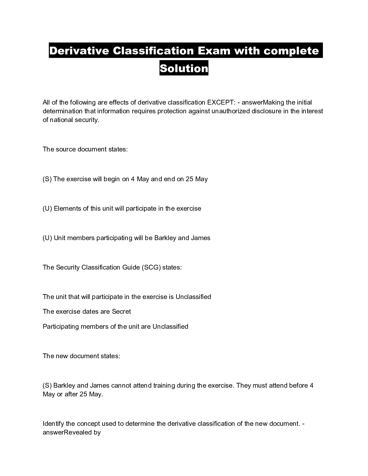 Derivative Classification Exam with complete Solution - Scholarfriends