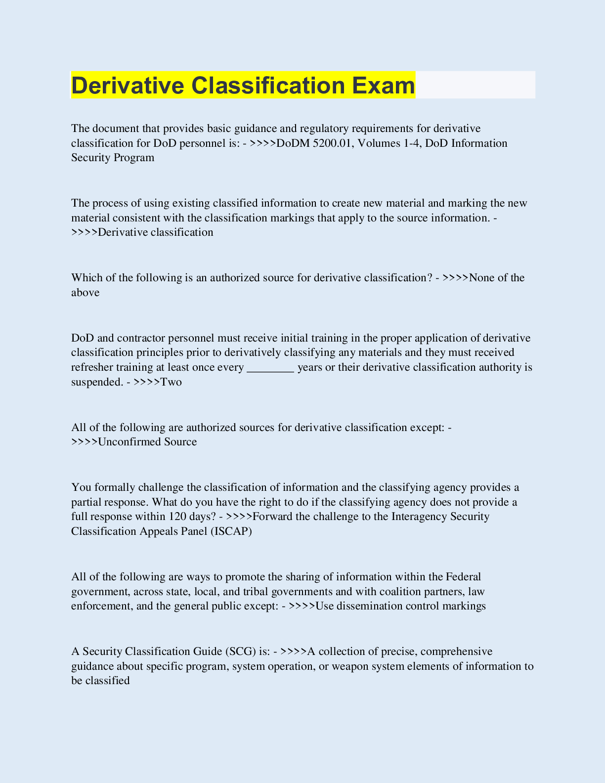 Derivative Classification Exam | 100% Correct Answers - Scholarfriends