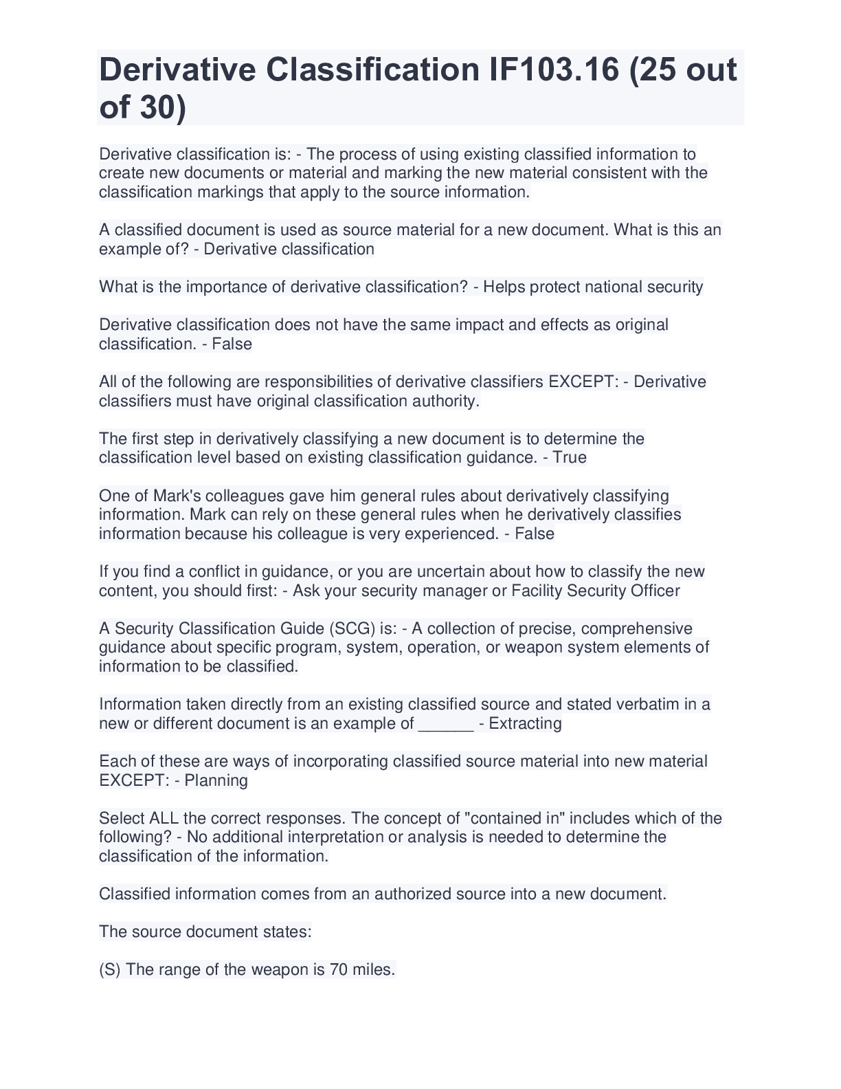 Derivative Classification IF103.16 QUESTIONS WITH COMPLETE SOLUTIONS ...