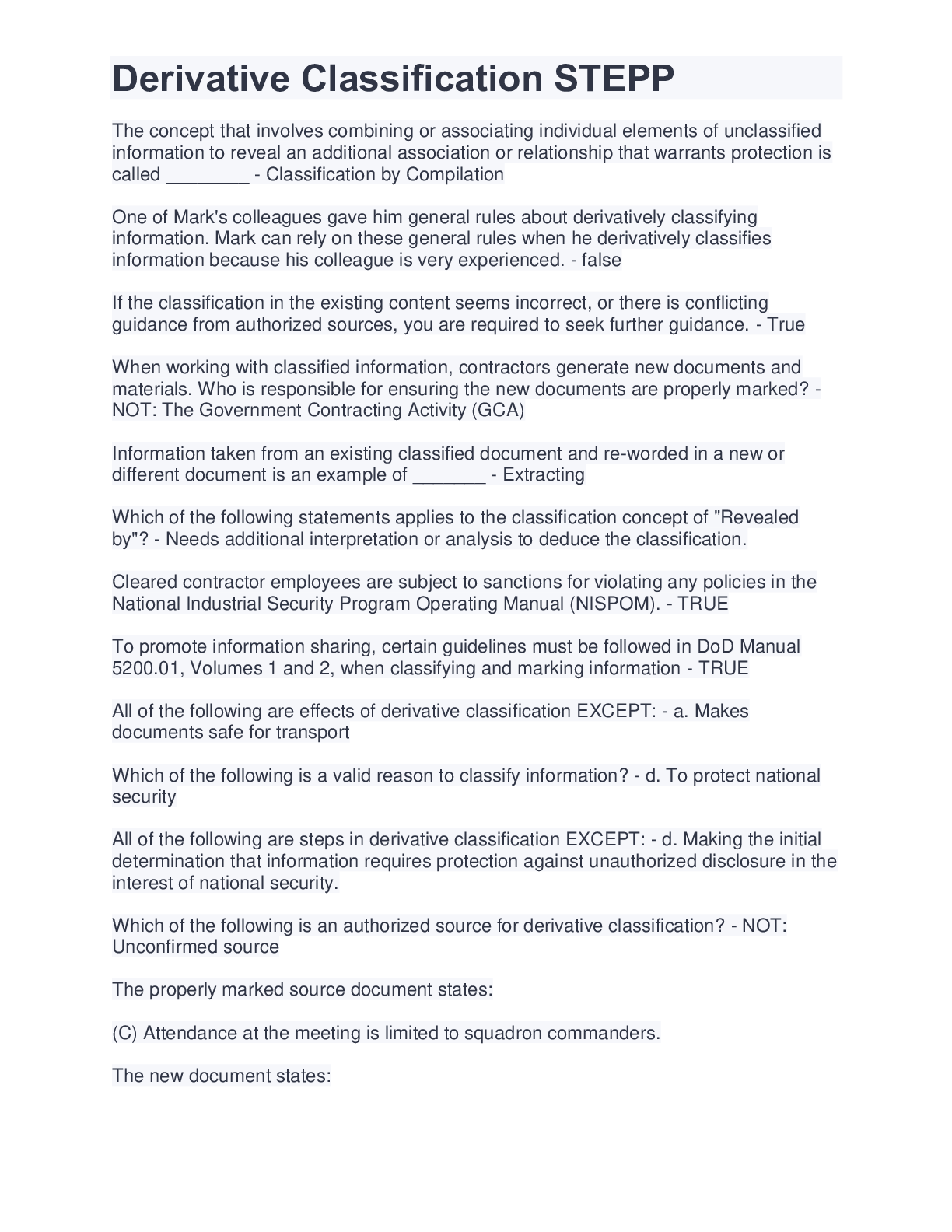 Derivative Classification STEPP | 59 Questions with 100% Correct ...