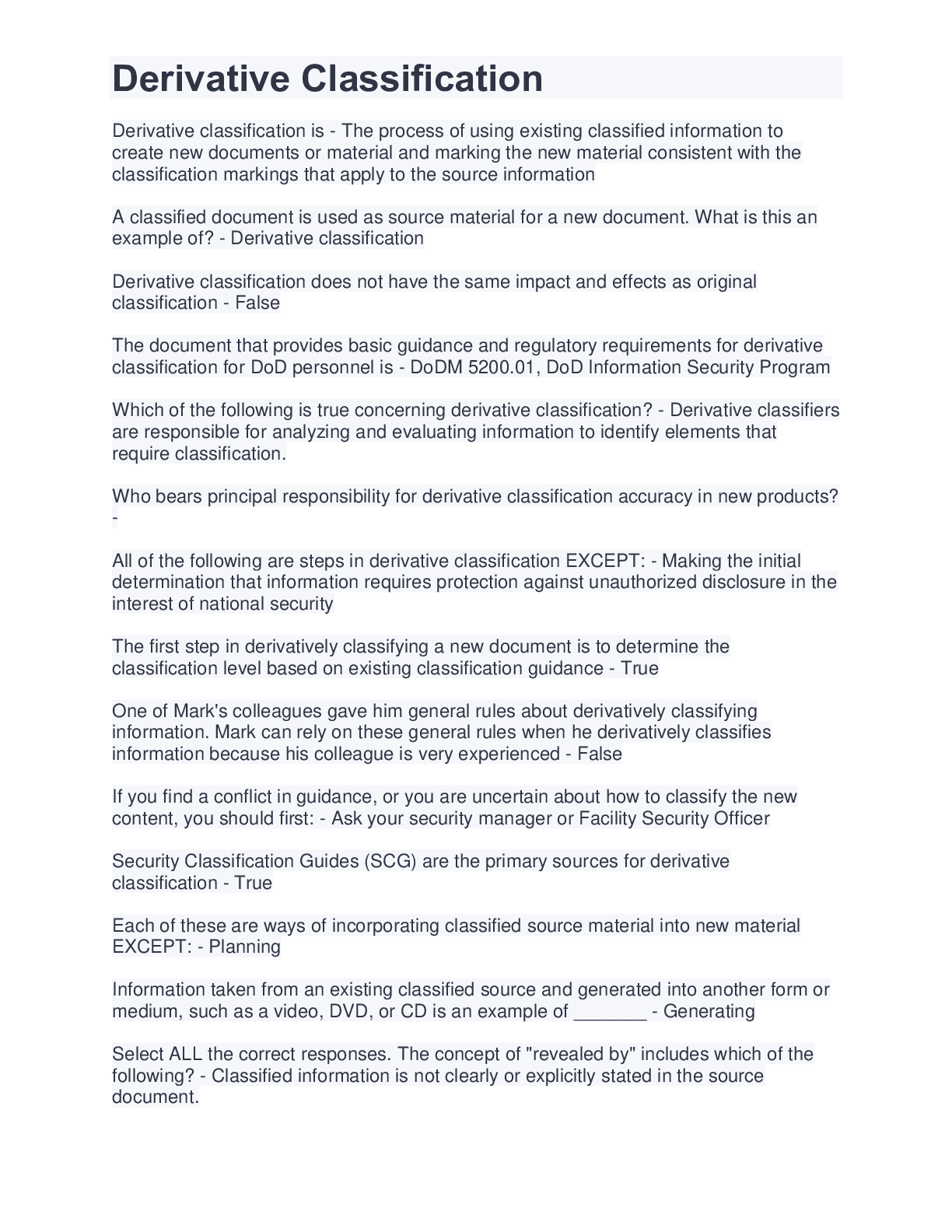 Derivative Classification EXAM QUESTIONS AND ANSWERS 100% CORRECT ...