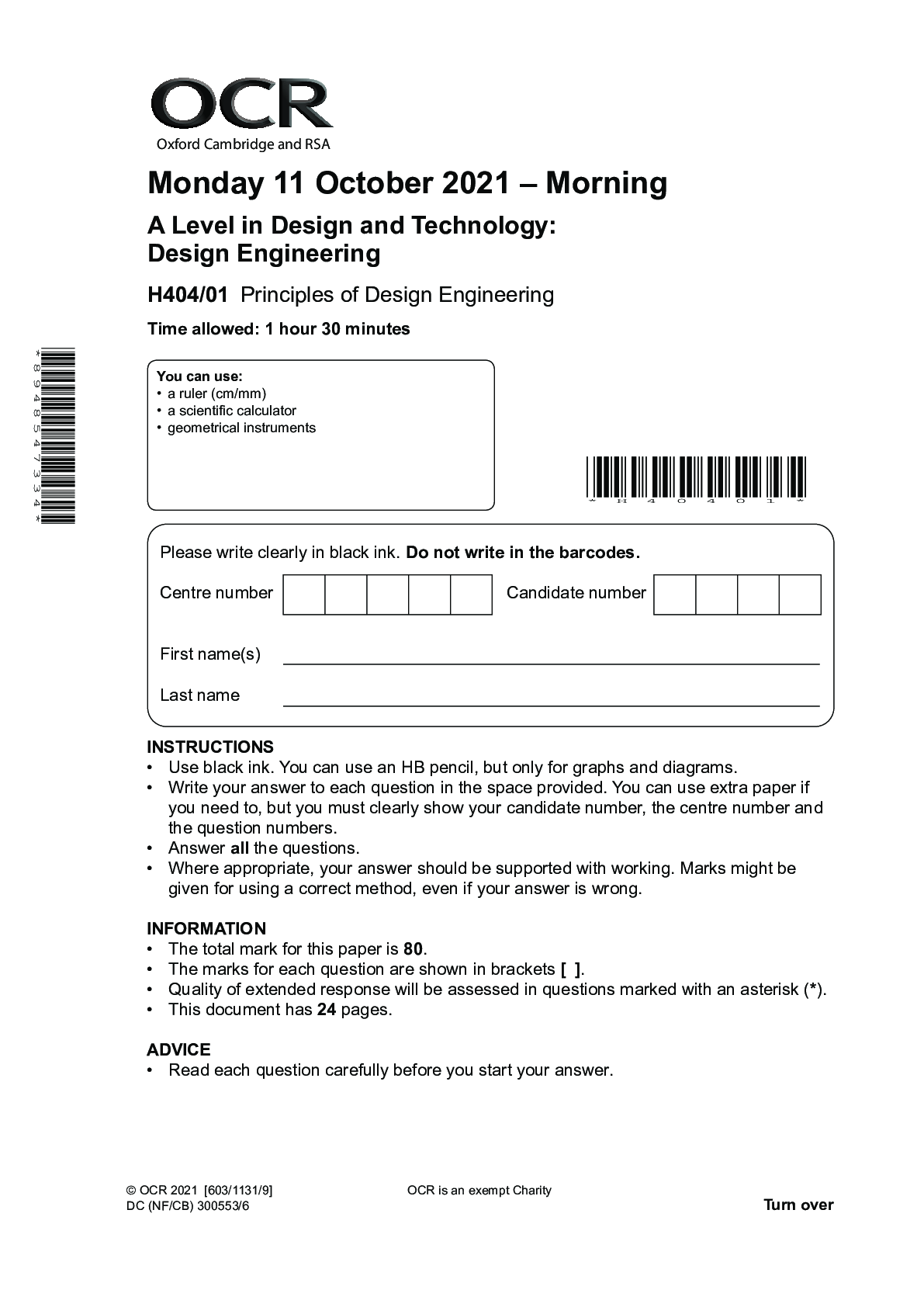 OCR_A Level in Design and Technology H404/01 Question Paper Oct 2021 ...