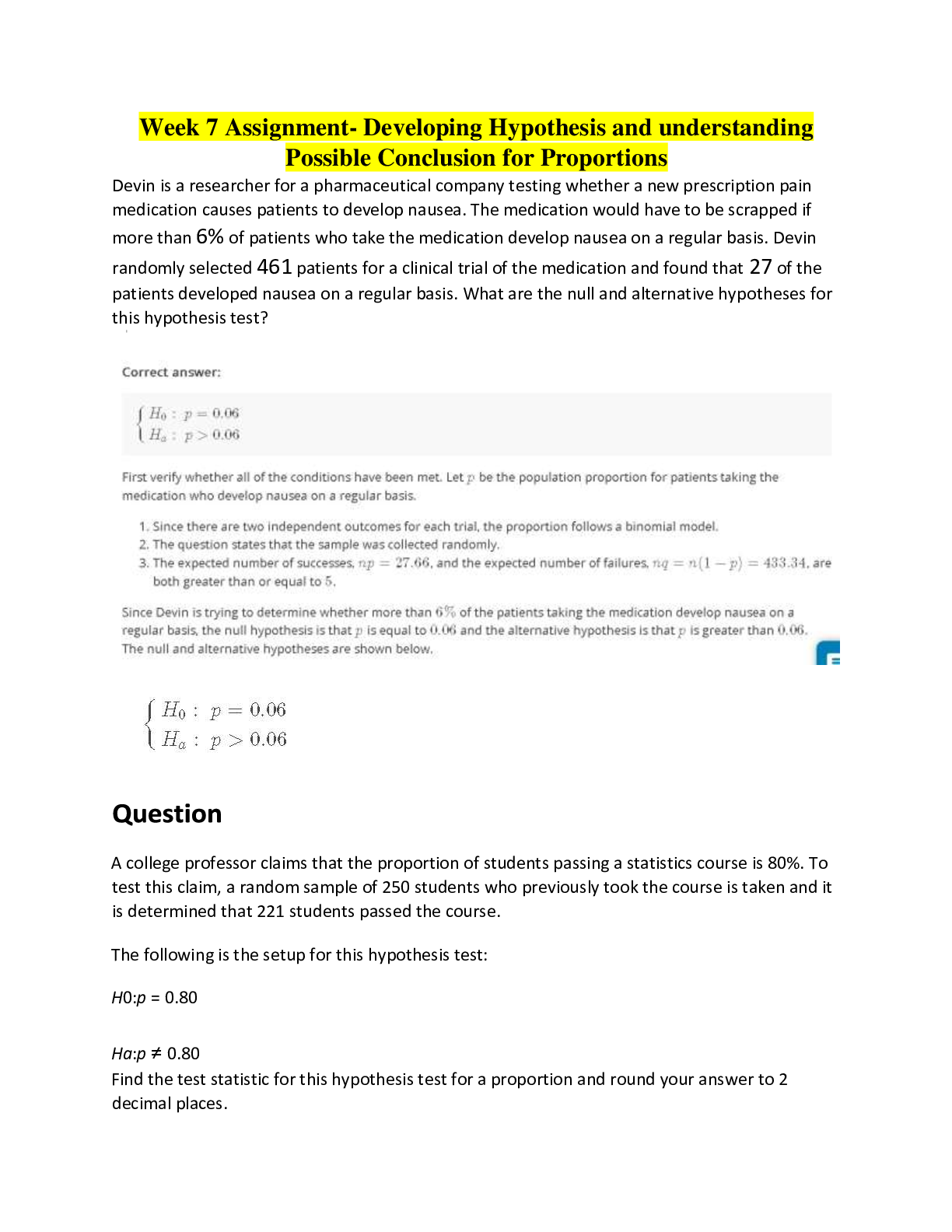 MATH 225N Week 7 Assignment- Developing Hypothesis and understanding ...
