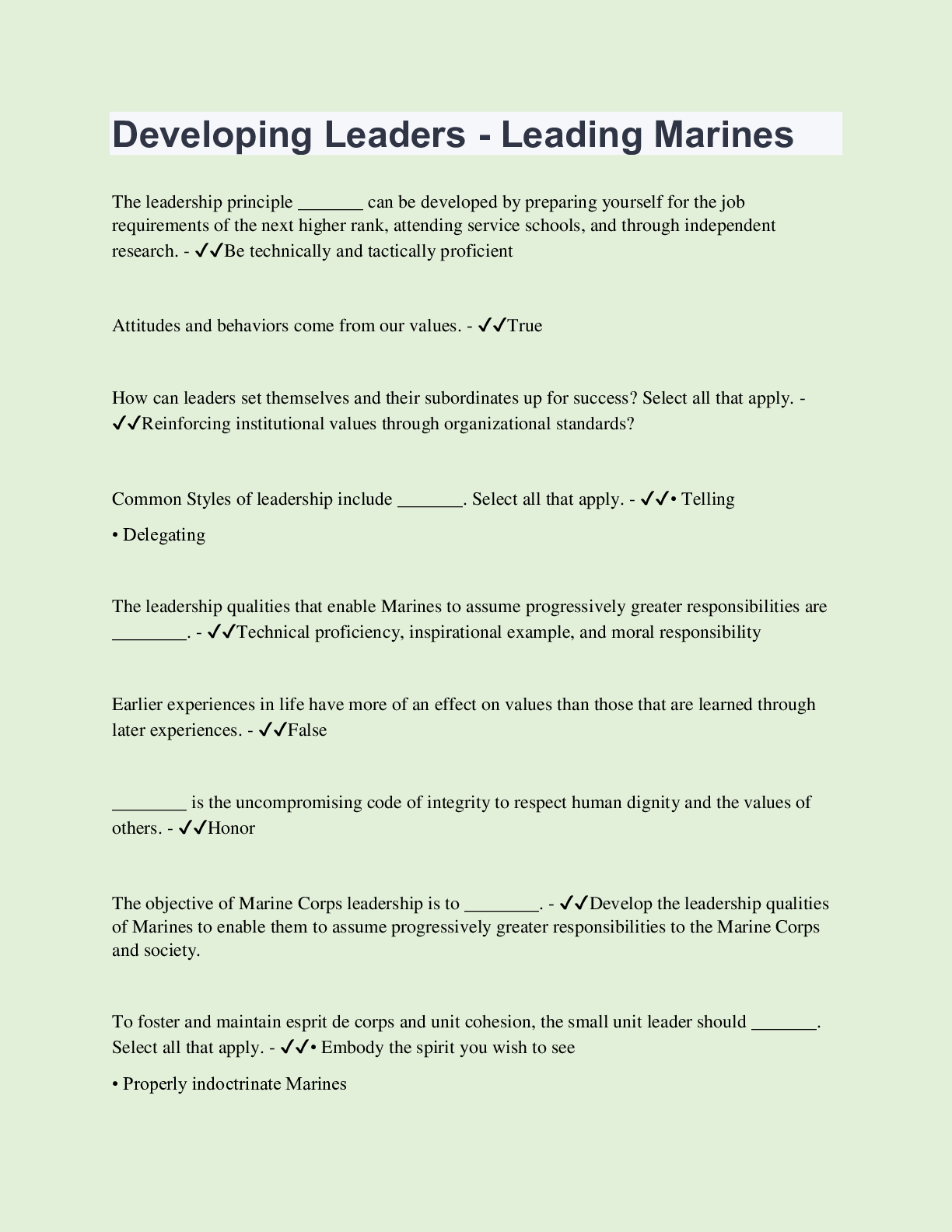 Developing Leaders - Leading Marines | 45 Questions with 100% Correct ...