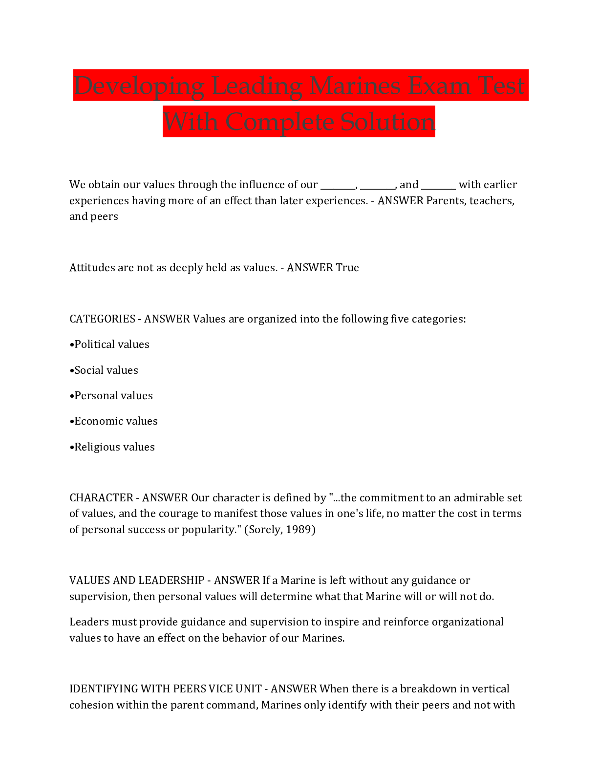 Developing Leading Marines Exam Test With Complete Solution ...