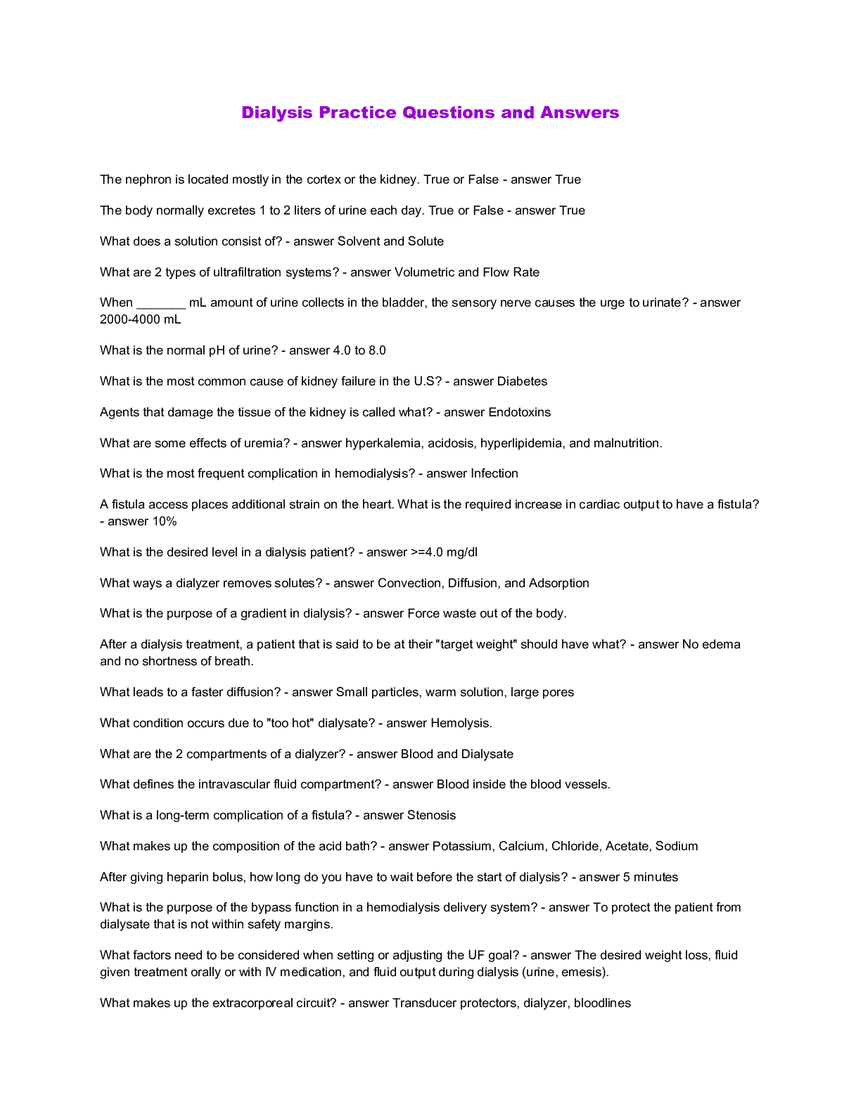 Dialysis Practice Questions and Answers - Scholarfriends