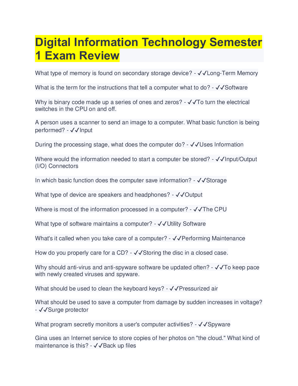 Digital Information Technology Semester 1 Exam Review | with COMPLETE ...