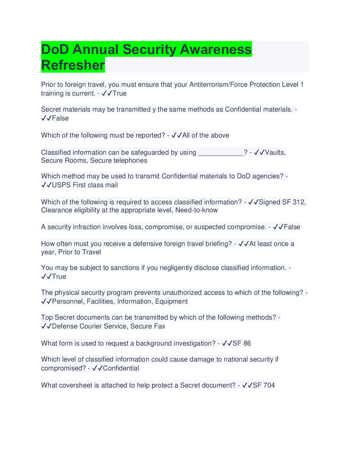 DoD Annual Security Awareness Refresher | 100% Correct Answers ...