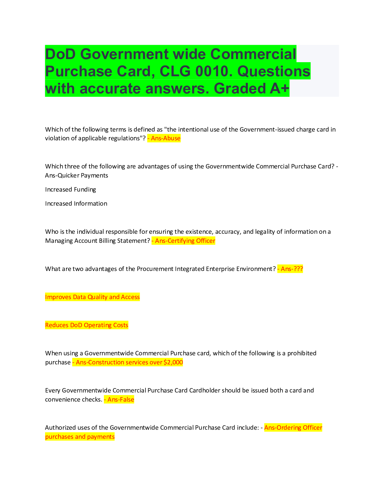 CLG 0010 DoD Governmentwide Commercial Purchase Card Overview Exam ...