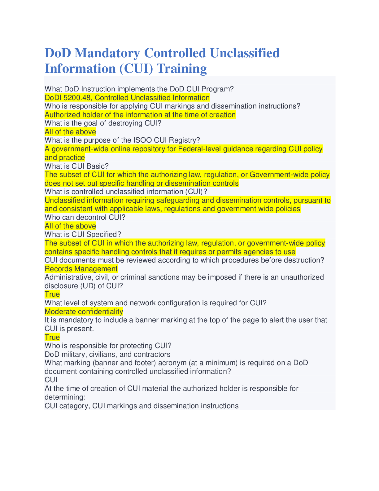 DoD Mandatory Controlled Unclassified Information (CUI) Training Latest ...