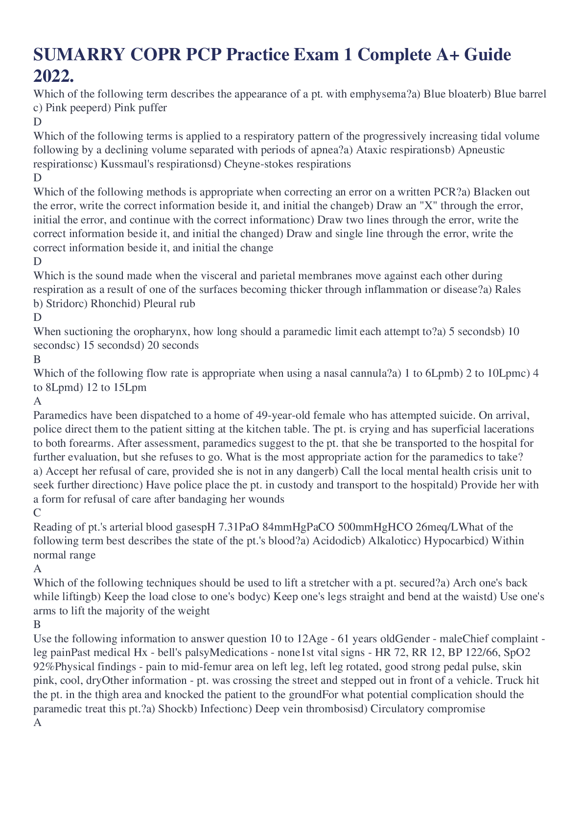 SUMARRY COPR PCP Practice Exam 1 Complete A+ Guide 2022. - Scholarfriends