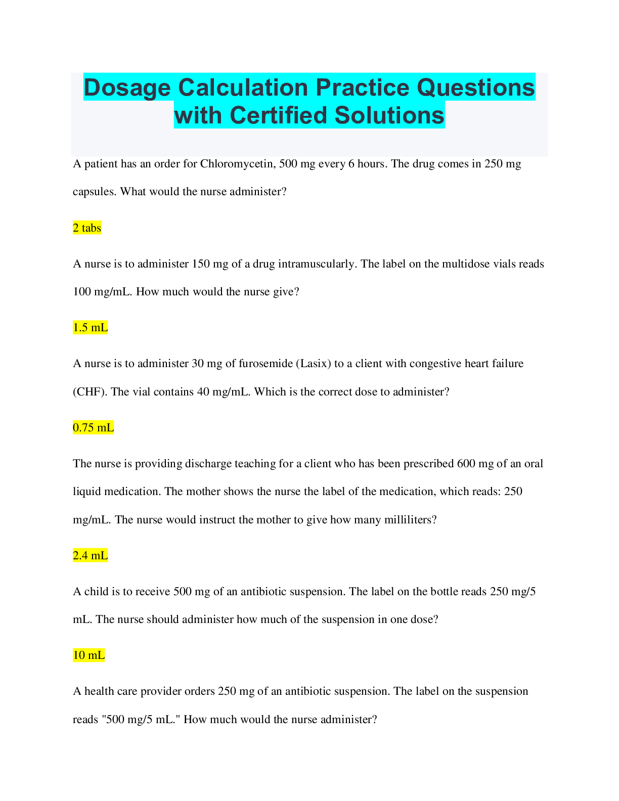 Dosage Calculation Bundled Exams Questions and Answers 100% Pass ...