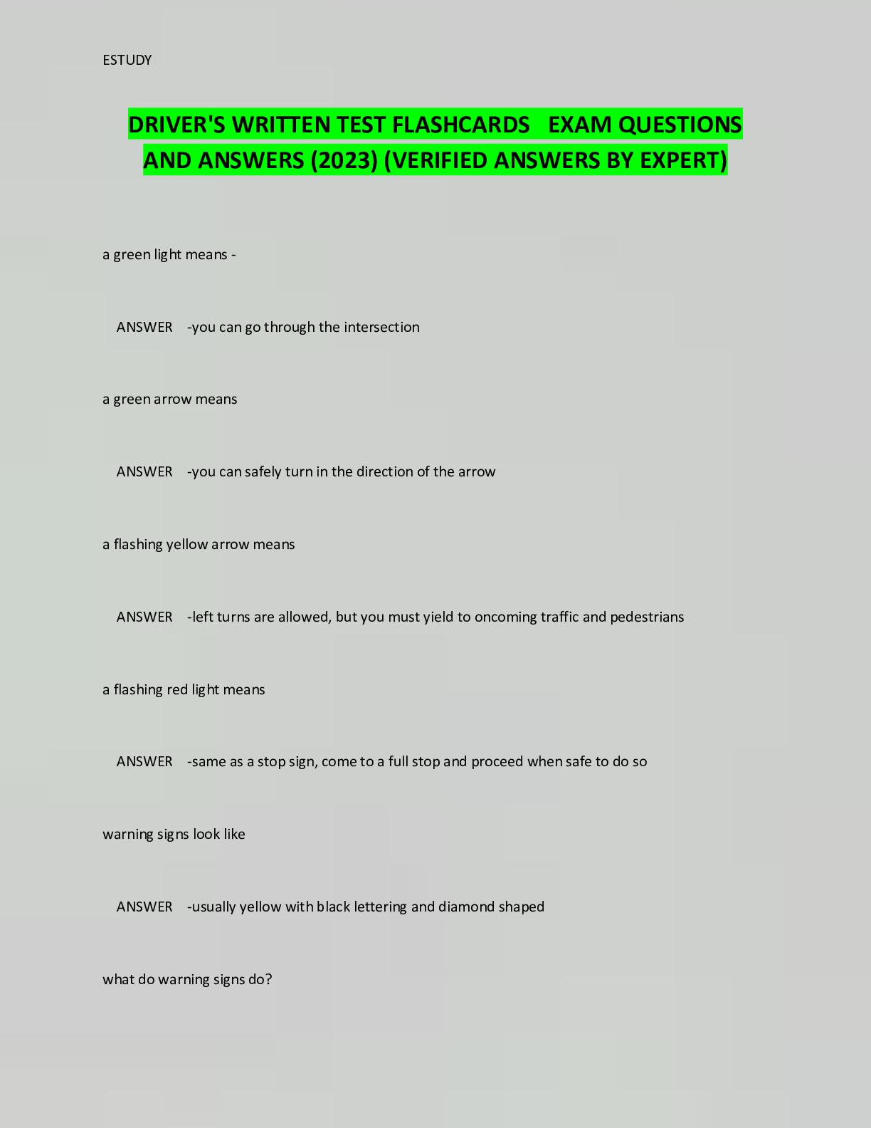 DRIVER'S WRITTEN TEST FLASHCARDS EXAM QUESTIONS AND ANSWERS (2023 ...