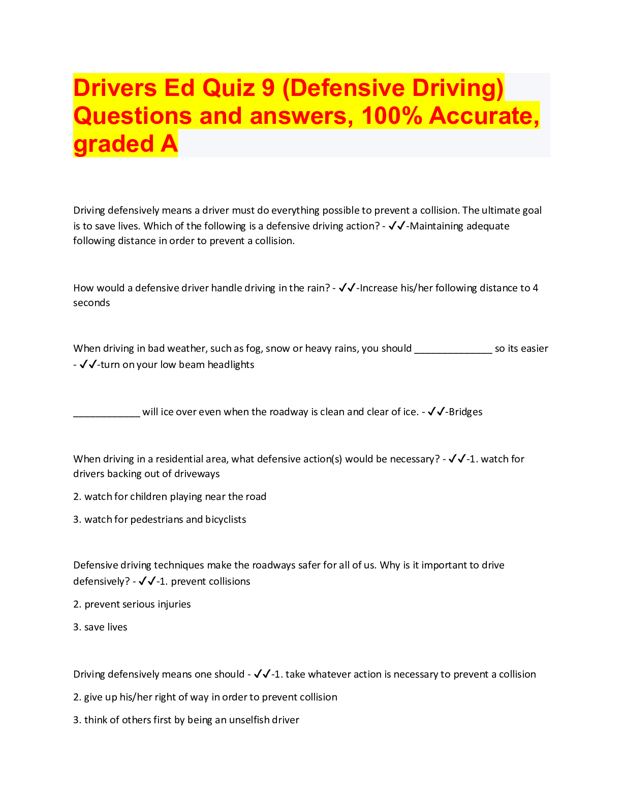 Drivers Ed Quiz 9 (Defensive Driving) Questions and answers, 100% ...
